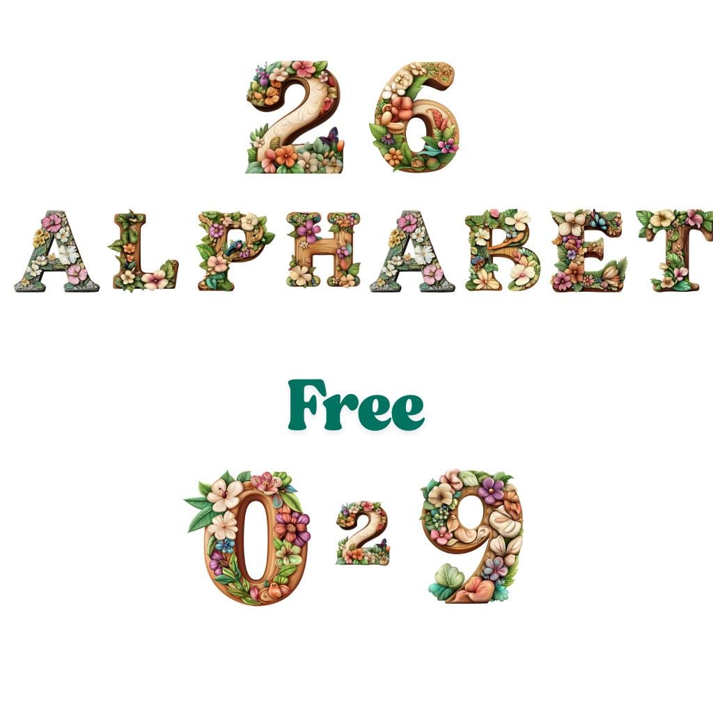 3D Color Spring Floral Alphabet Clipart, Alphabet and Number 0-9 ...