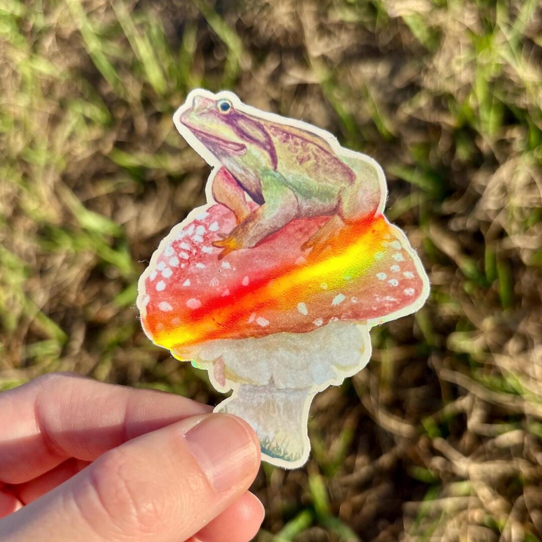 Holographic Frog Sticker | Frog on Mushroom Sticker | Cottagecore ...