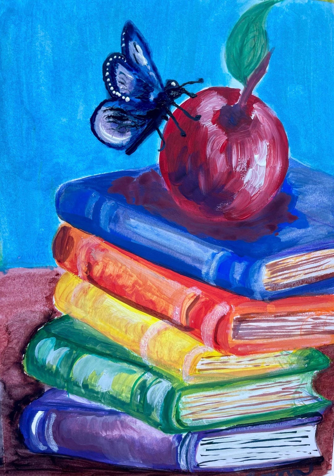 Original 8x10 Mixed Media Painting – Rainbow Stack of Books With Apple ...