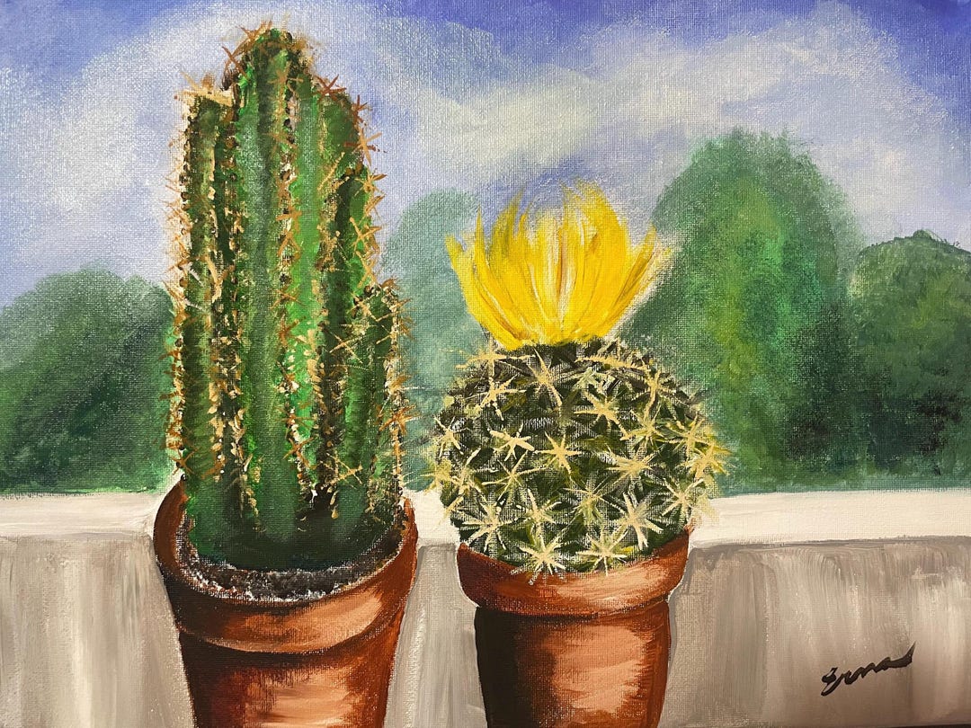 Original Cactus Painting on Canvas – 12x16 Acrylic Oil Desert Plants ...