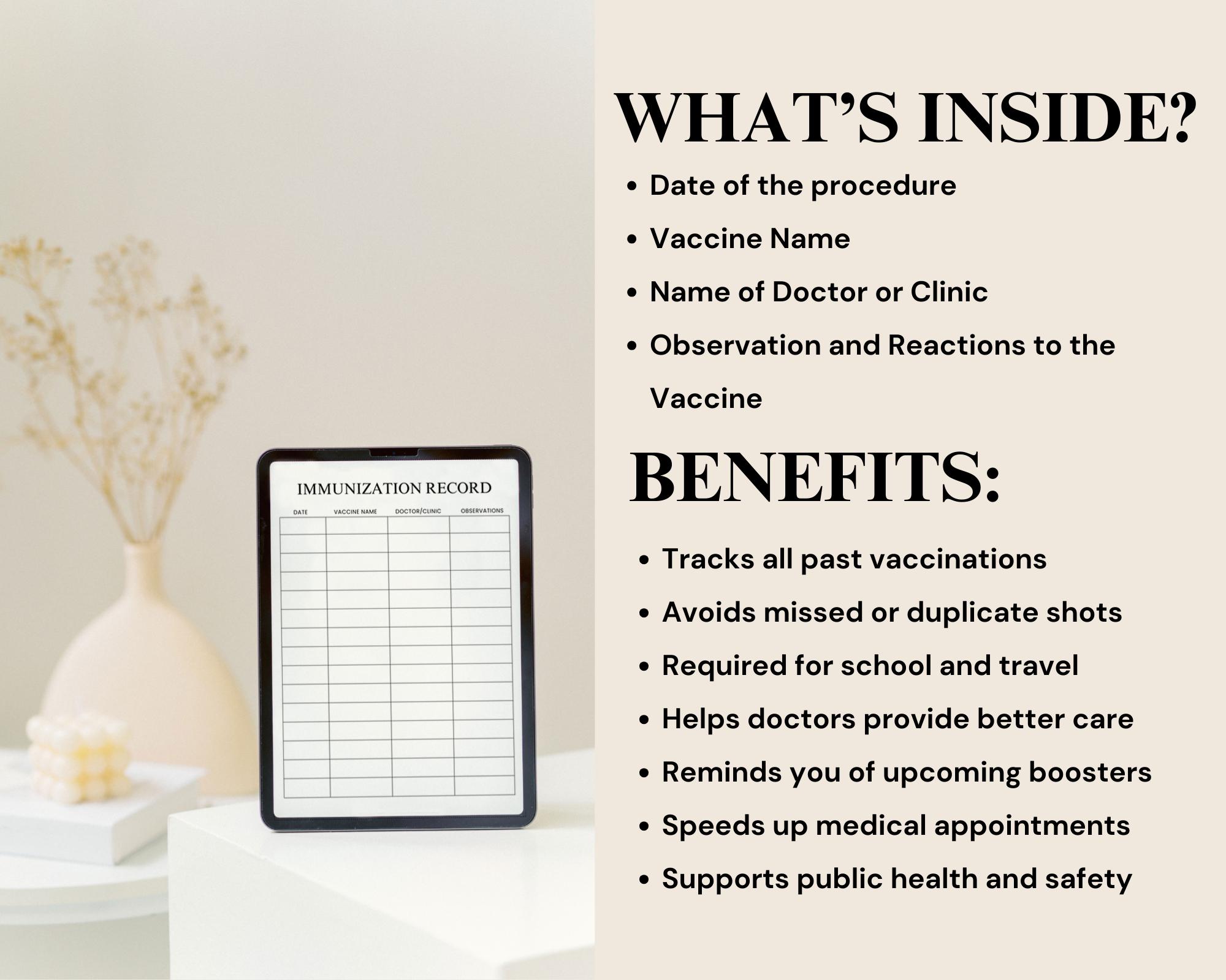 Immunization Record, Vaccination Log, Vaccine Tracker, Medical Log ...