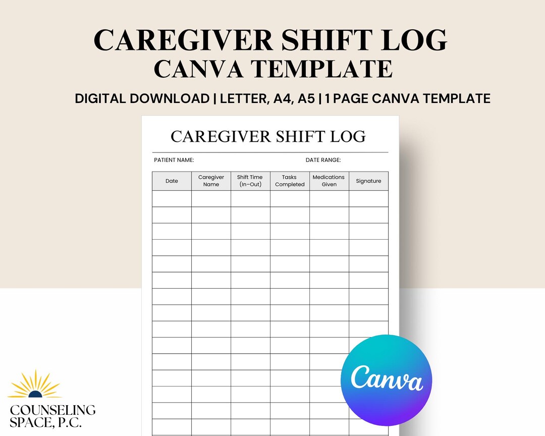 Caregiver Shift Log for Multiple Caregivers: Printable Log Forms, Canva ...