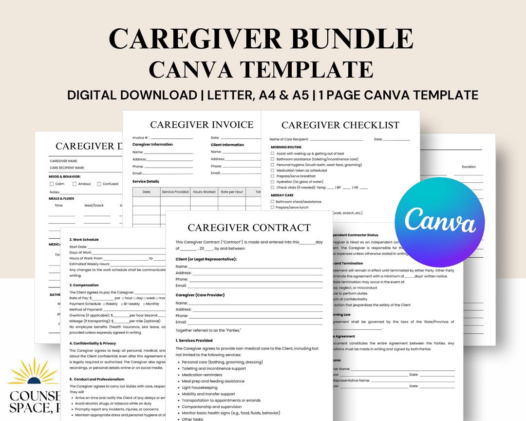 Caregiver Forms Bundle: Daily Log, Checklist, Invoice - Canva Template ...