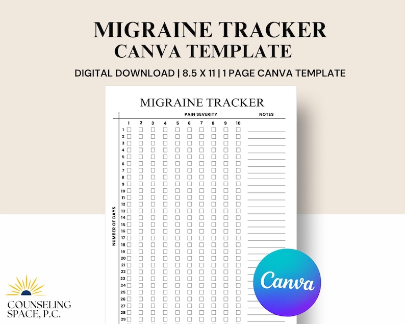Printable Monthly Migraine Tracker: Headache Diary Canva Template ...
