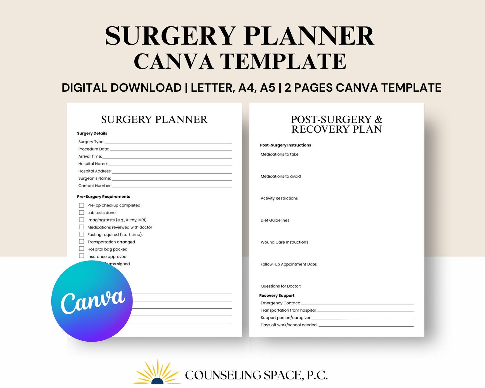 Surgery Planner Canva Template: Printable Medical Checklist (instant ...