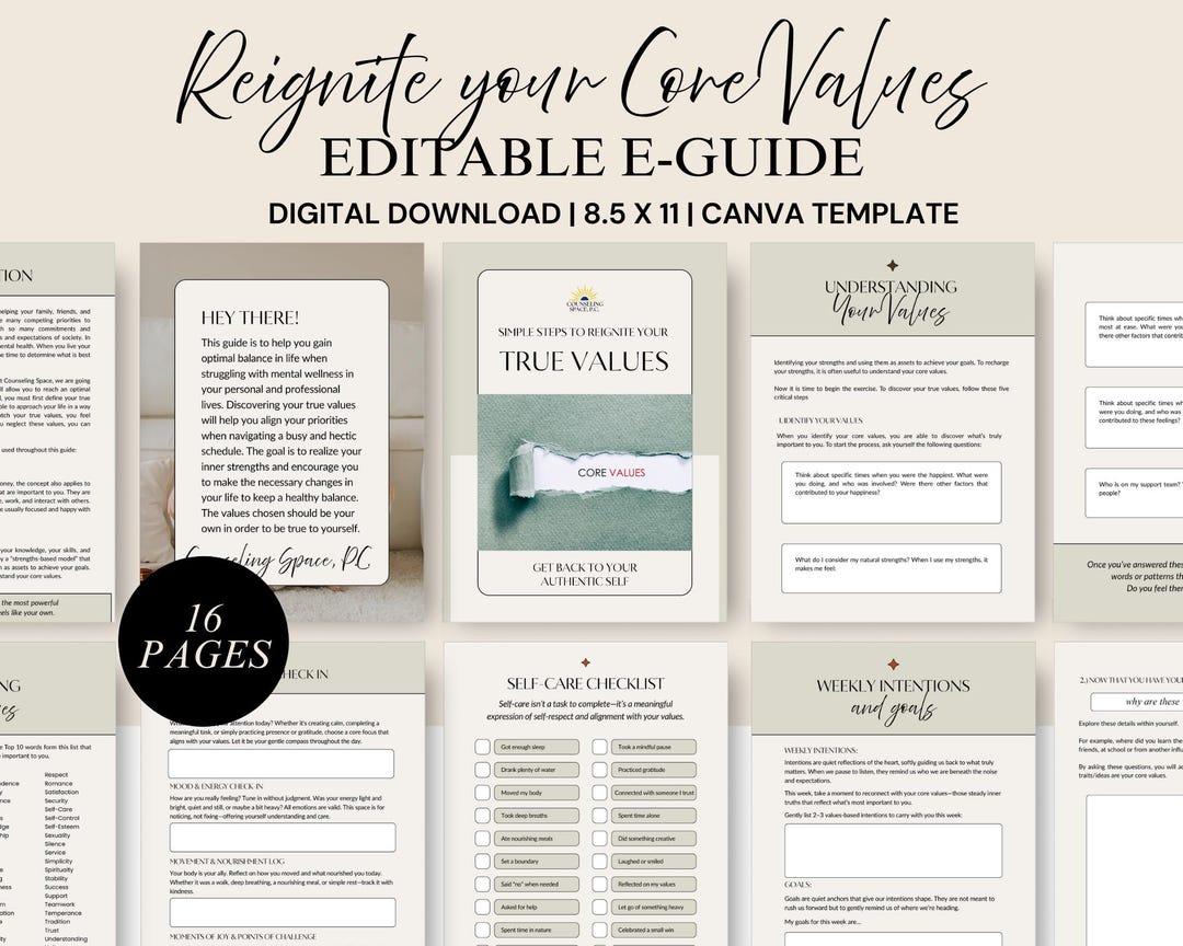 Core Values Guide & Workbook: Self-reflection Journal Prompts (canva ...