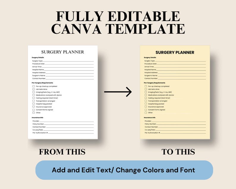 Surgery Planner Canva Template: Printable Medical Checklist (instant ...