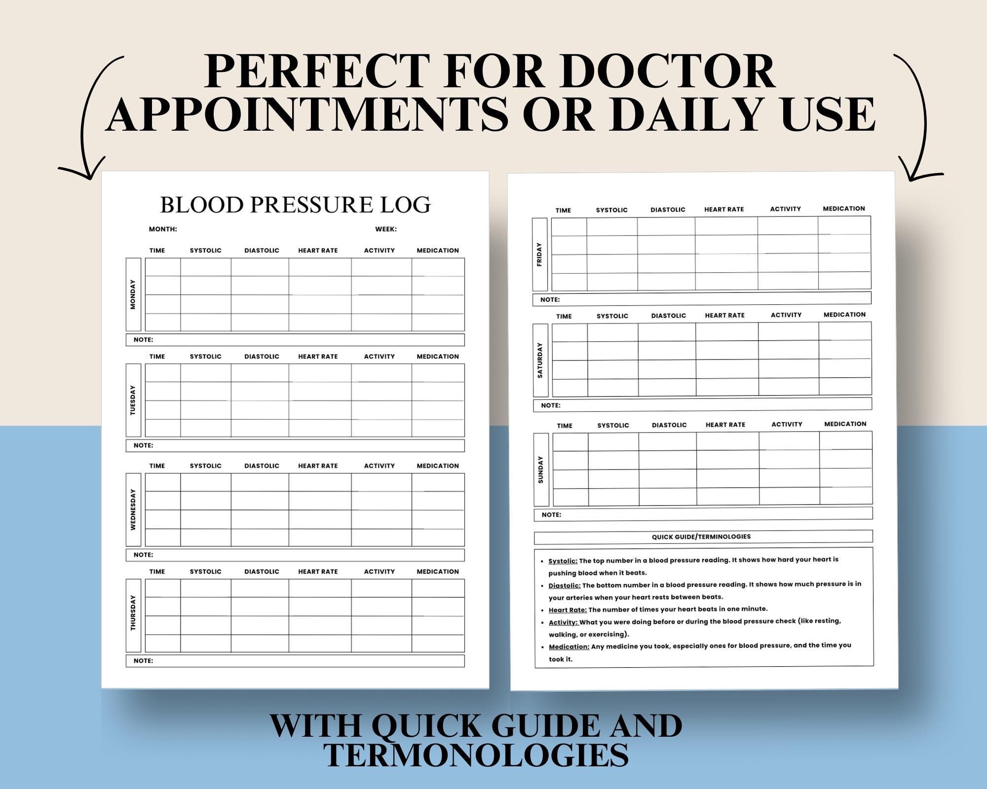 Blood Pressure Log, High Blood Pressure, Blood Pressure Chart, Weekly ...