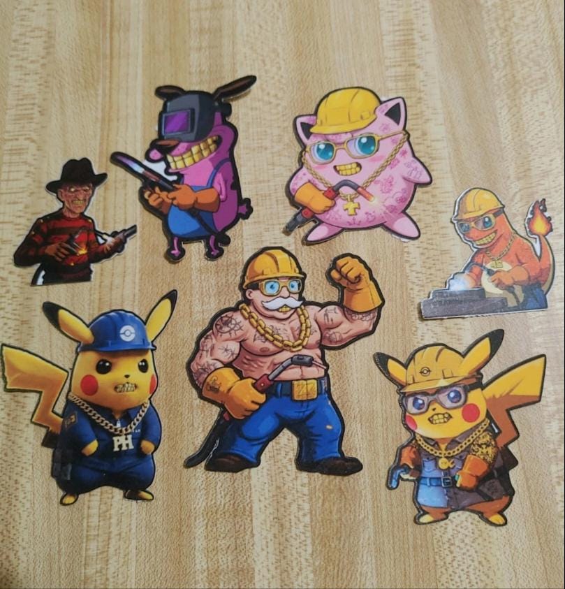 Funny Cartoon Construction Worker Stickers – Pikachu, Jigglypuff, Meme ...