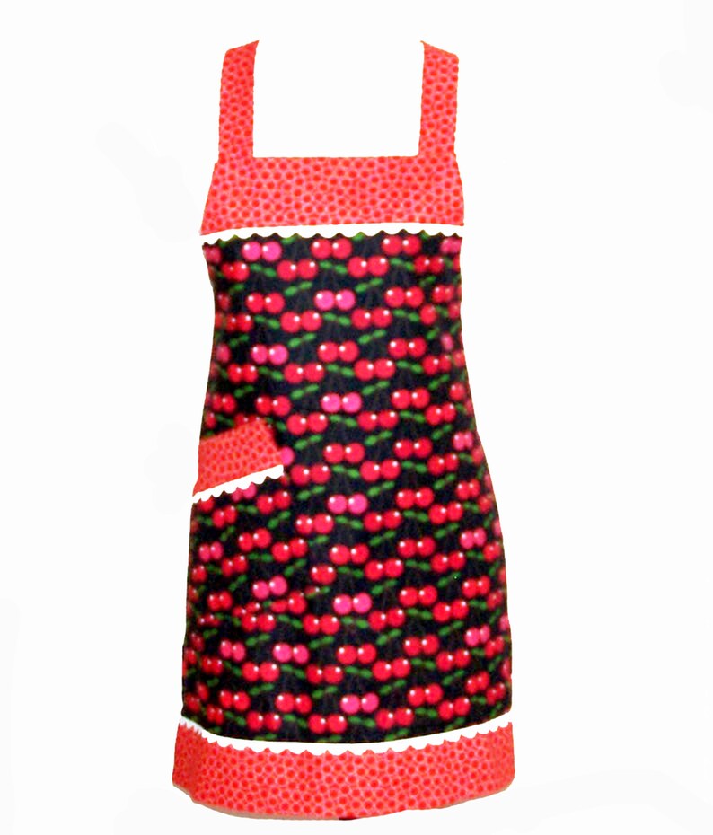 Cherry Apron, Petite Apron, Red Cherries, Full Bib Long, Kitchen Decor ...
