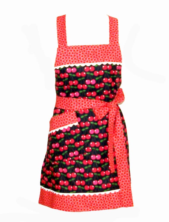 Cherry Apron Petite Apron Red Cherries Full Bib Long | Etsy