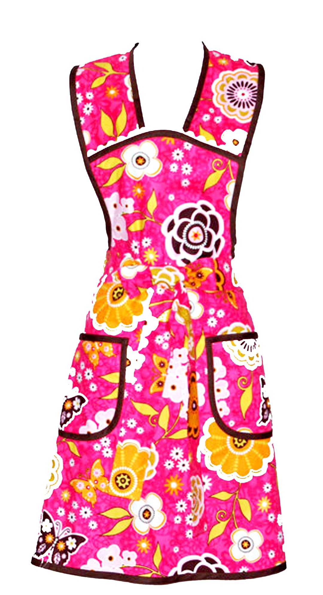 Beautiful Pink Chocolate Apron, Long Full Bib, Retro Style, Two Pocket ...