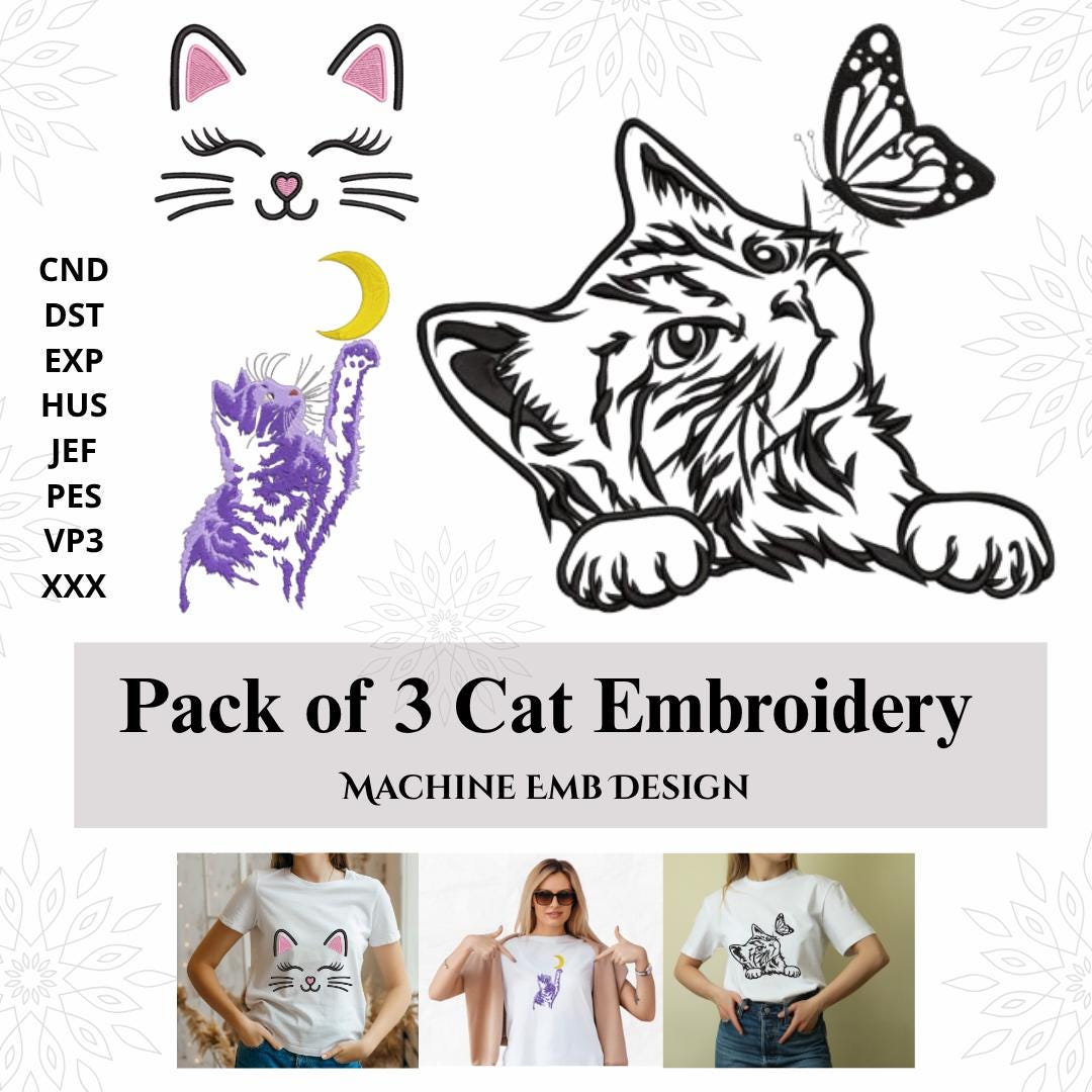 Cat and Moon Embroidery Design | Cat With Butterfly | Cute Pet Machine ...