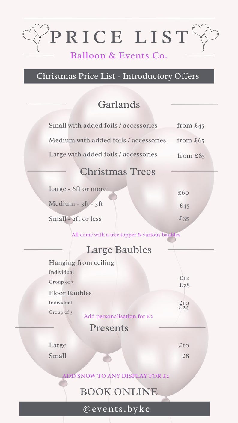 Editable Balloon Company Price List - Etsy