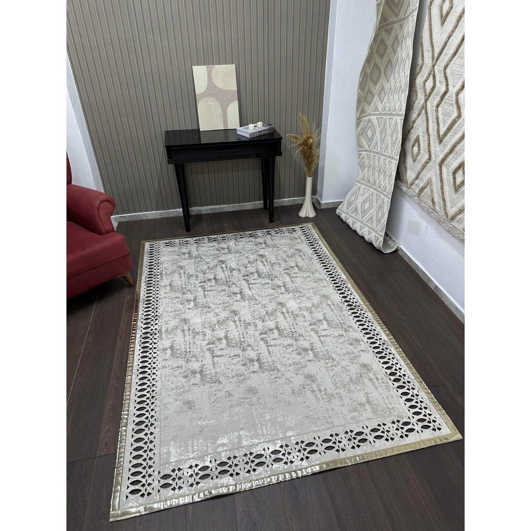 Cream Suede Rug: Light Gold Glitter, Laser-cut Oriental Design - Etsy