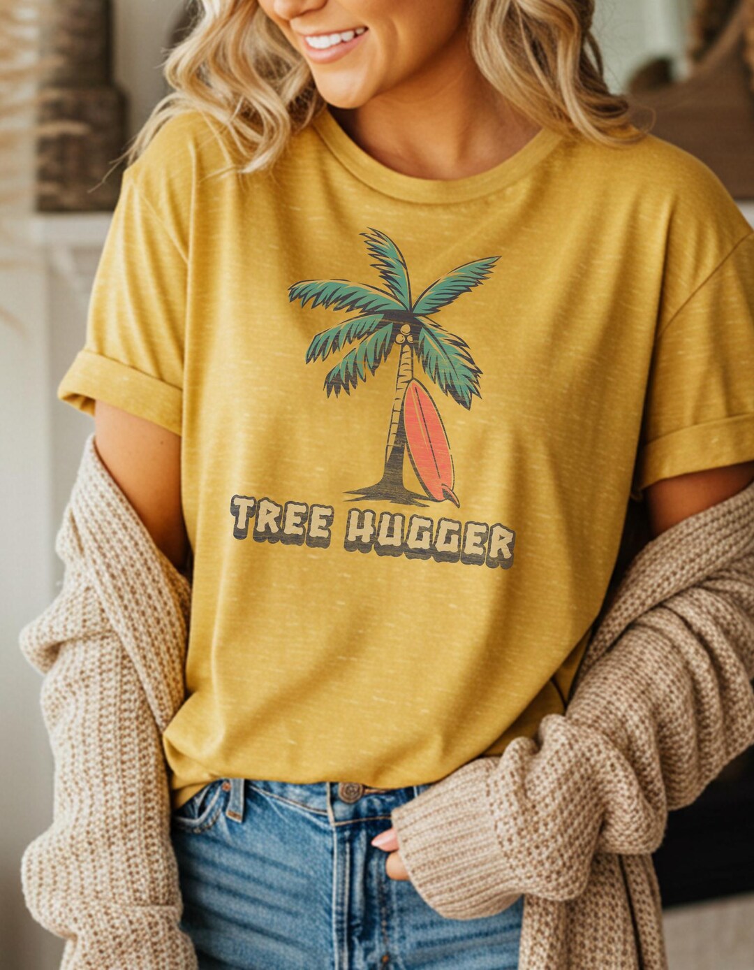Tree Hugger Palm Tree Surfboard Graphic Tee, Coastal Gift - Etsy