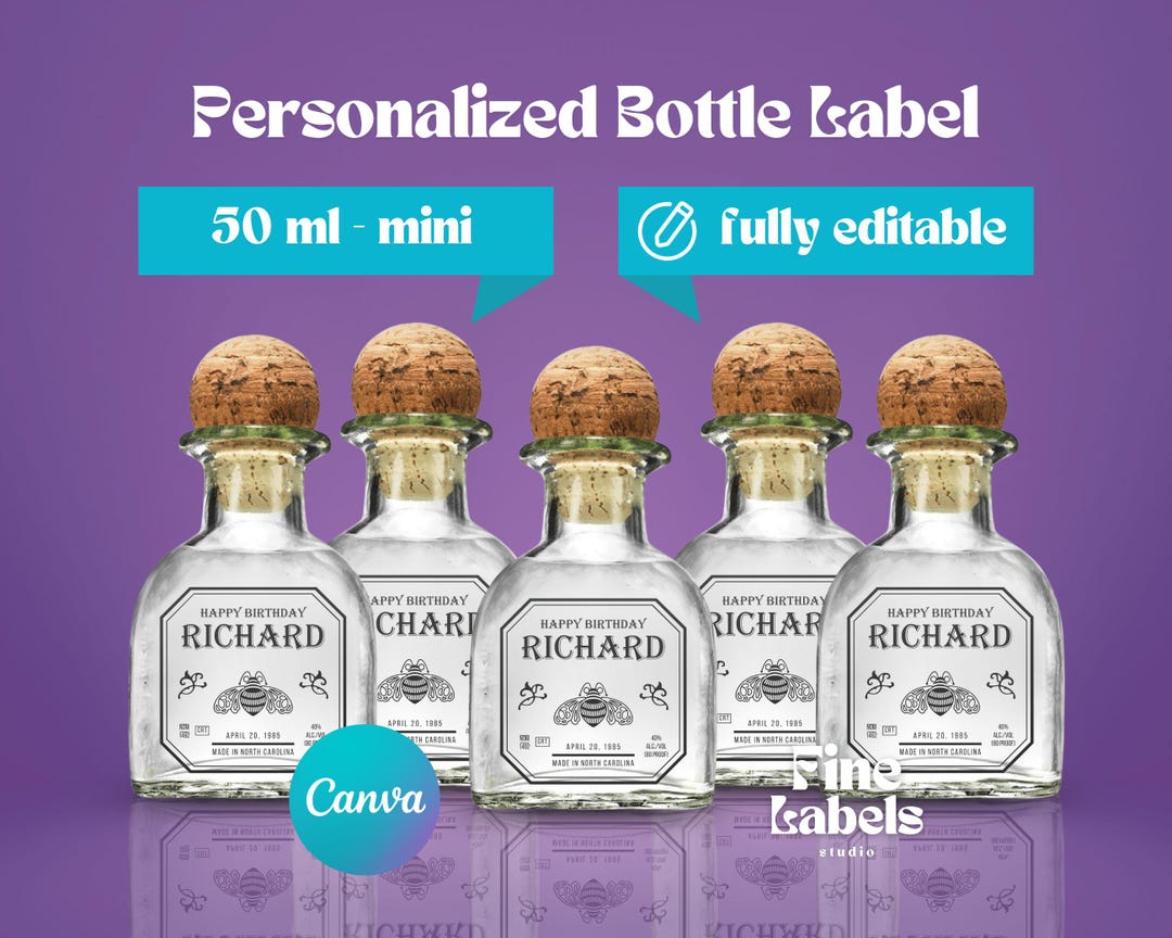 Custom Patron Tequila Label Template: 50ml Mini Bottle, Editable Canva ...
