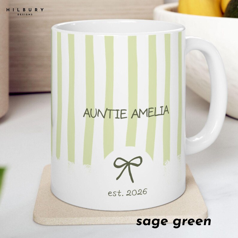 Custom Name Auntie Mug, Baby Announcement Gift for Aunt, Stripe Coffee ...