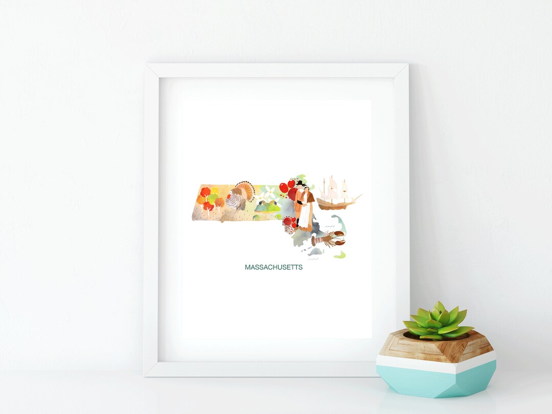 Massachusetts Map Wall Print Watercolors Collage USA Art Map Art ...