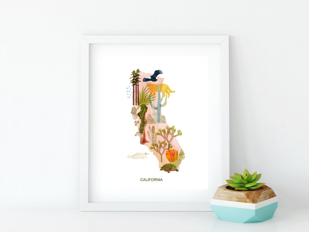 California Map Print, Bright Fun Collage, USA Map Art, West Coast ...