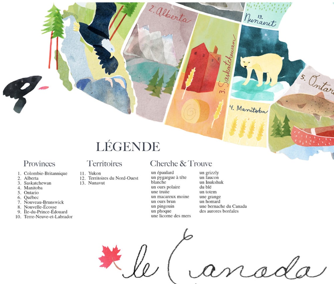 Map of Canada French Français Illustration Poster Affiche 16 X 20 or 12 ...