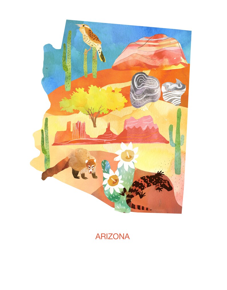 Arizona Map Print Watercolours Collage USA Art Map Art Desert Americana ...