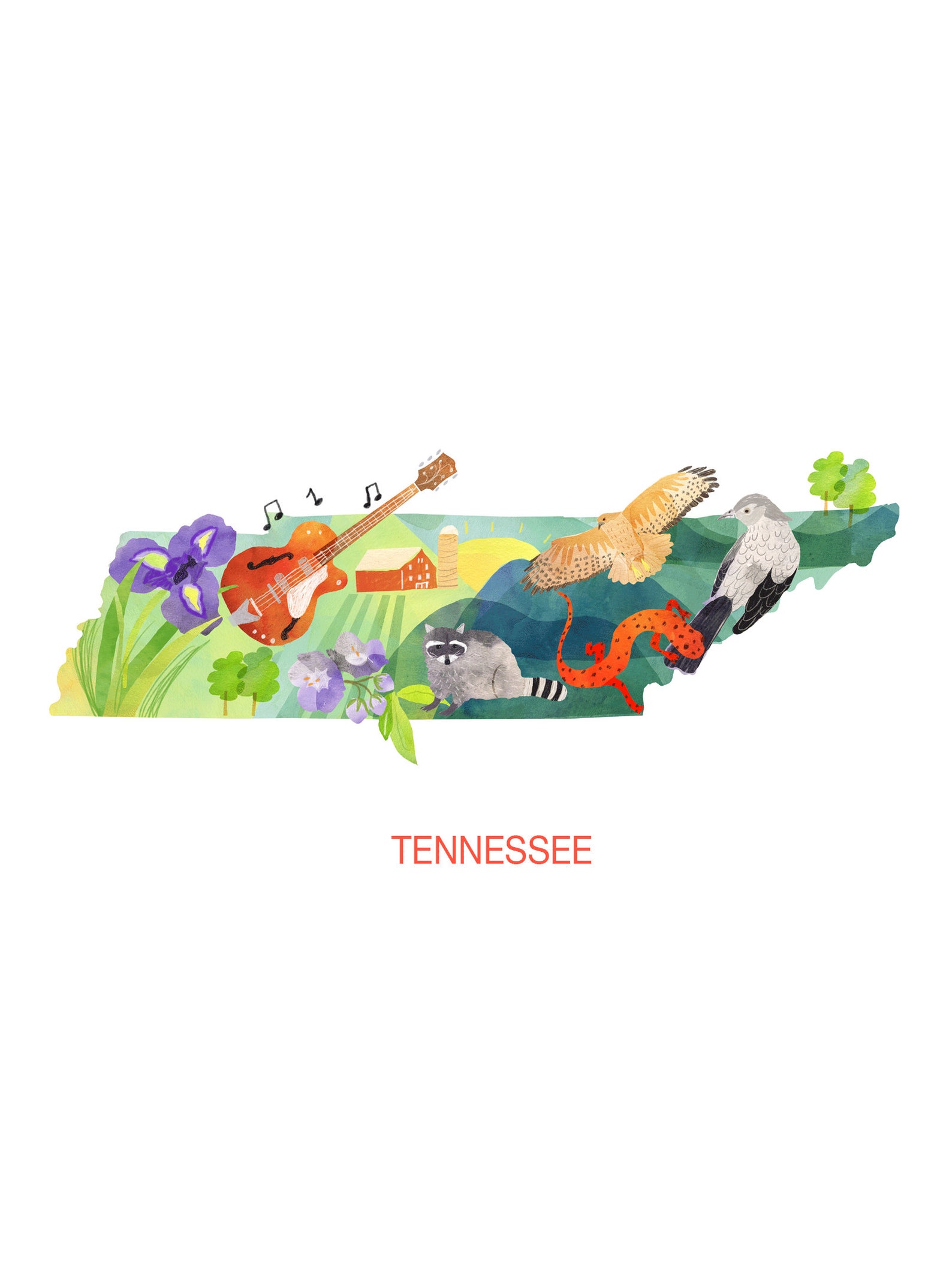 Tennessee Map Wall Print Watercolors Collage USA Art Map Art Americana ...