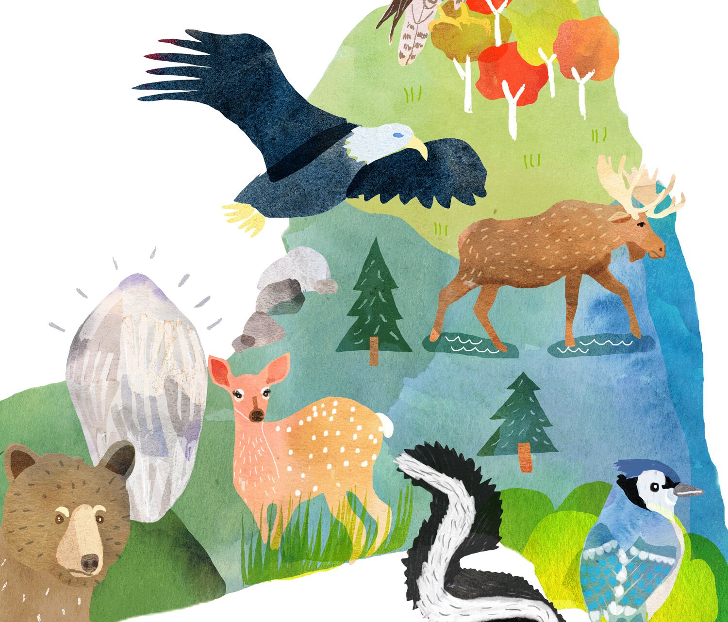 New York State Map Illustration Watercolour Animals Wildlife USA Map ...