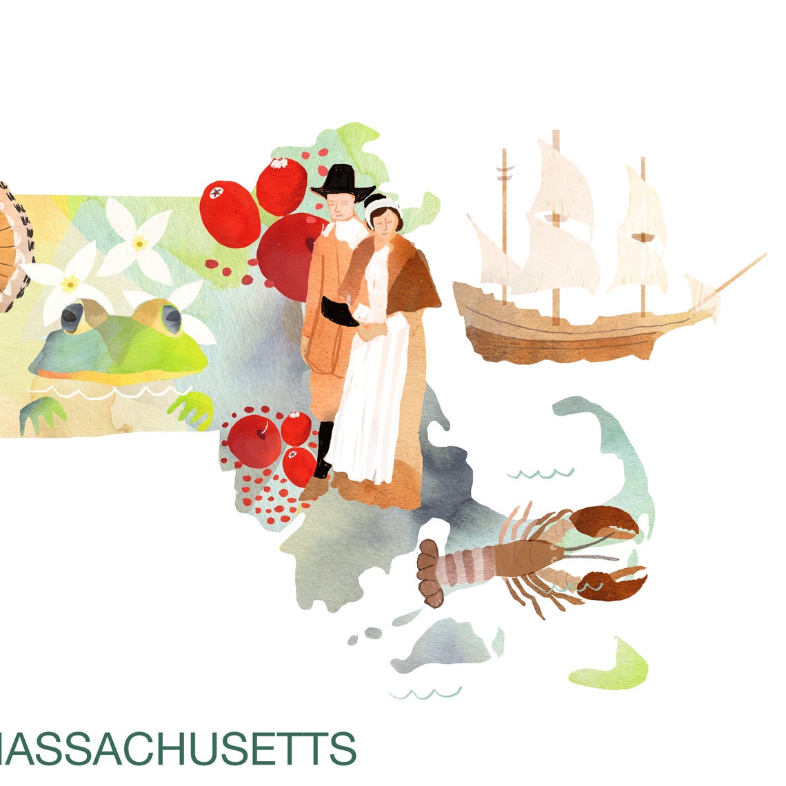 Massachusetts Map Wall Print Watercolors Collage USA Art Map - Etsy