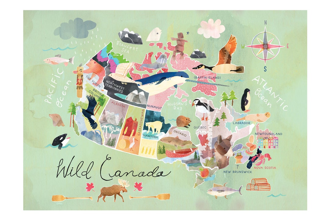 Blue Wild Canada Map of Canada Illustrated Canada Watercolour - Etsy