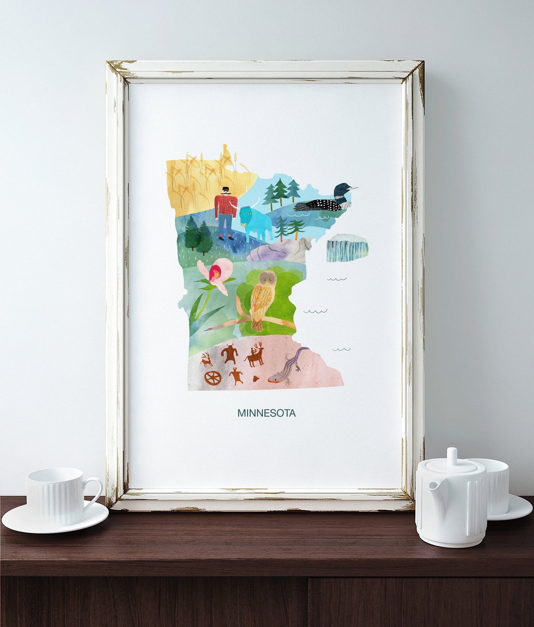 Minnesota Map Print Watercolours Collage USA Art Map Art Americana ...