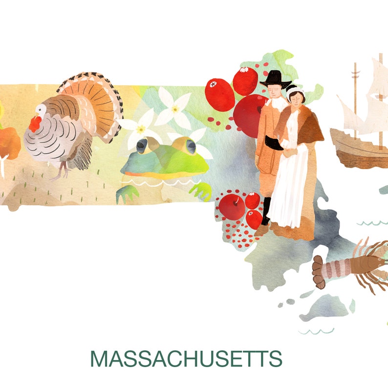 Massachusetts Map Wall Print Watercolors Collage USA Art Map - Etsy
