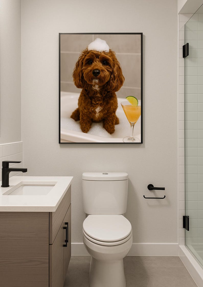 Red Cavapoo in Bath Art Print: Funny Dog Bathroom Decor (digital ...