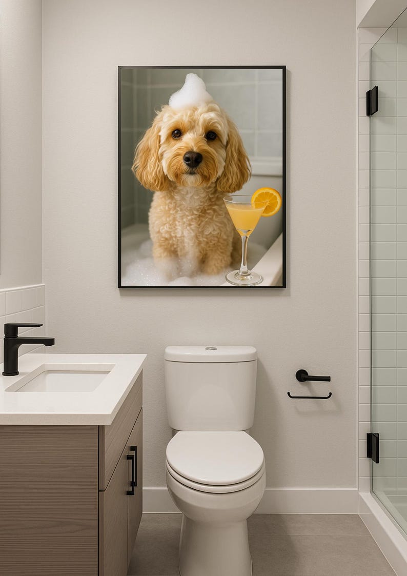 Funny Cavapoo in Bath Art Print: Whimsical Dog Bathroom Decor (digital ...