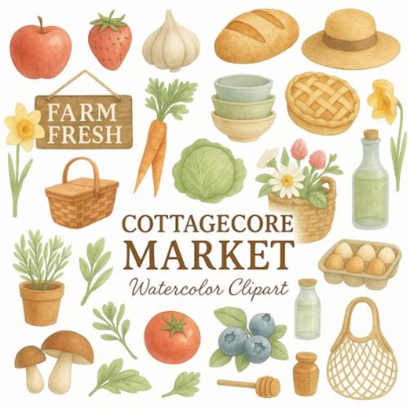 Cottage Market Clipart – Watercolor Pngs With Fruit, Flowers, Baskets ...