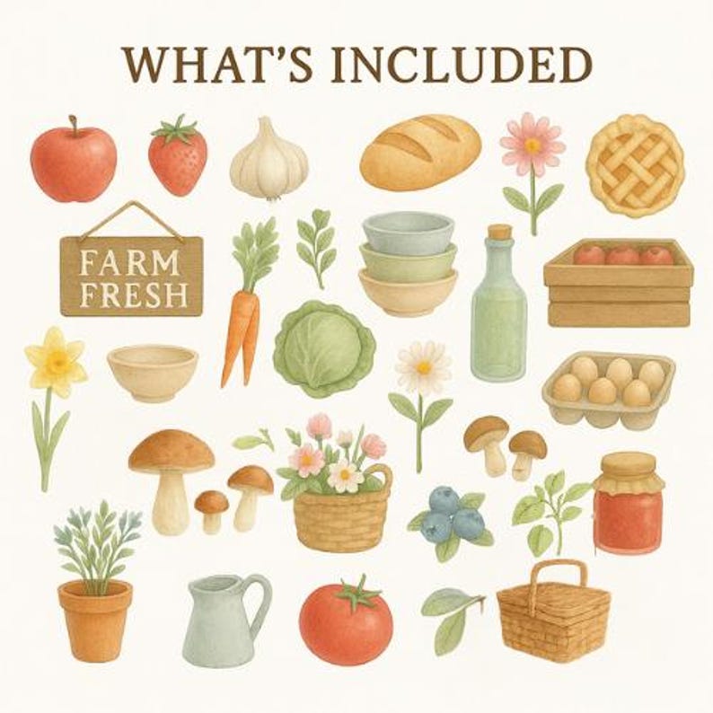 Cottage Market Clipart – Watercolor Pngs With Fruit, Flowers, Baskets ...
