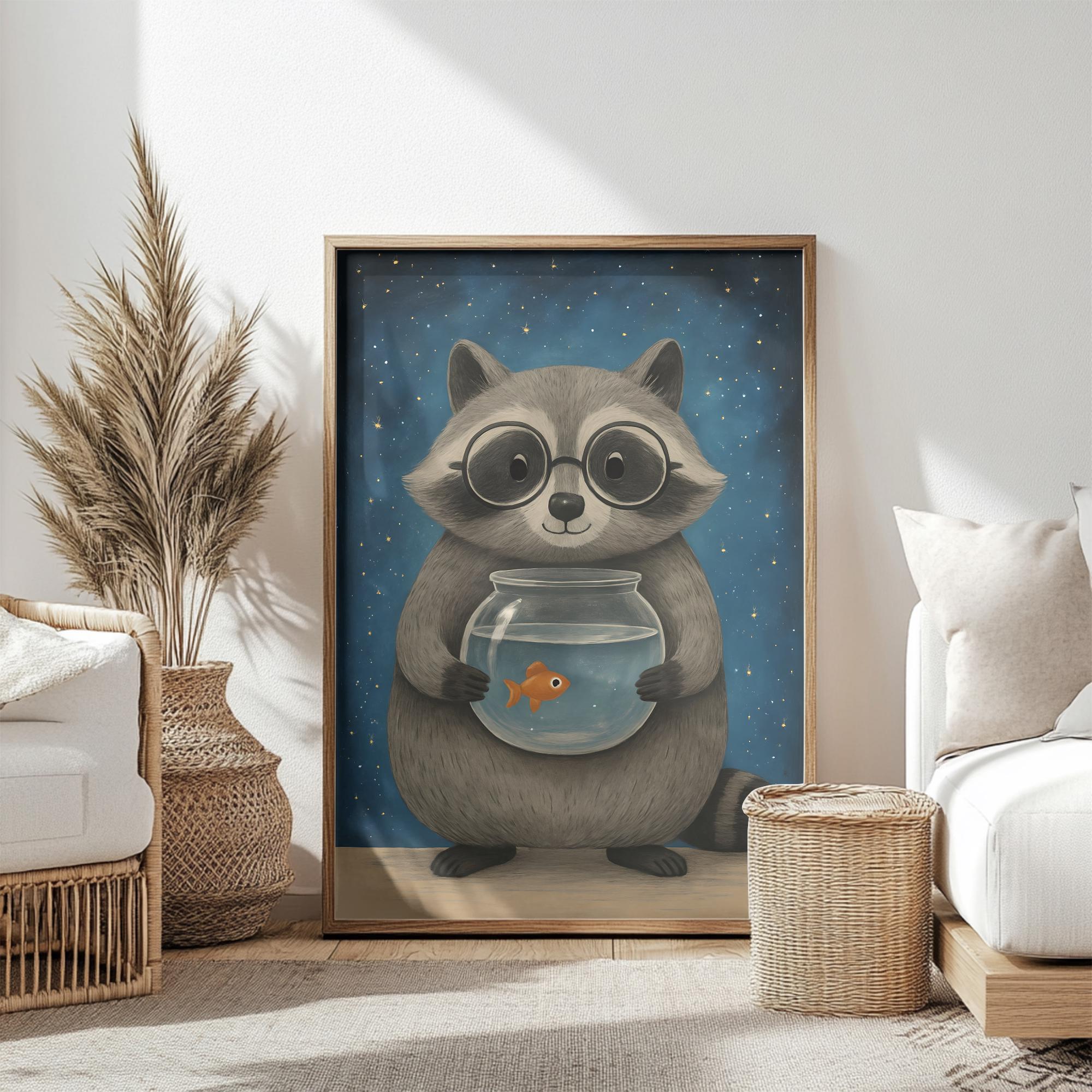 Raccoon Wall Art, Woodland Theme Animal Print, Animal With Glasses ...