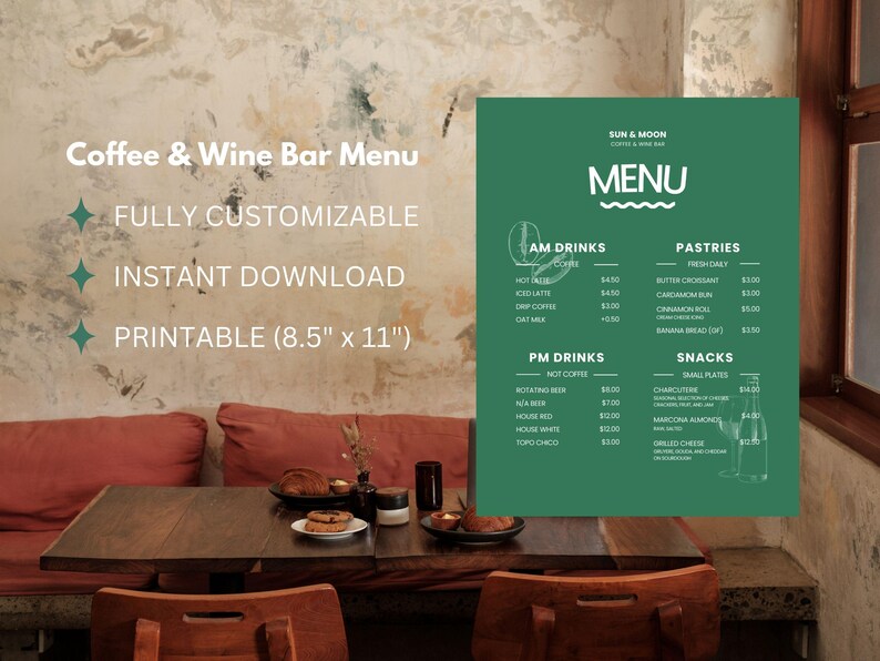 Editable Coffee & Wine Bar Menu Template | Modern Illustration Style ...