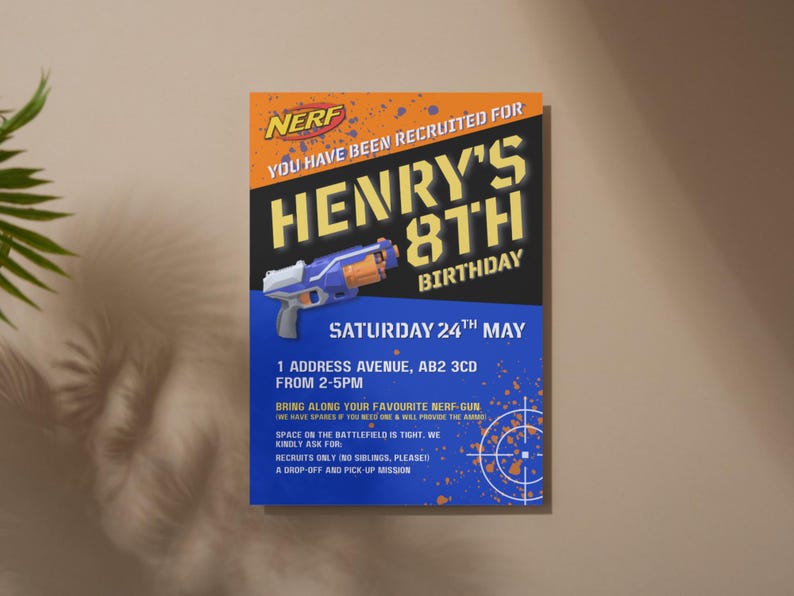 Custom Nerf Dart Gun Birthday Invitation, Kids Party Invite ...
