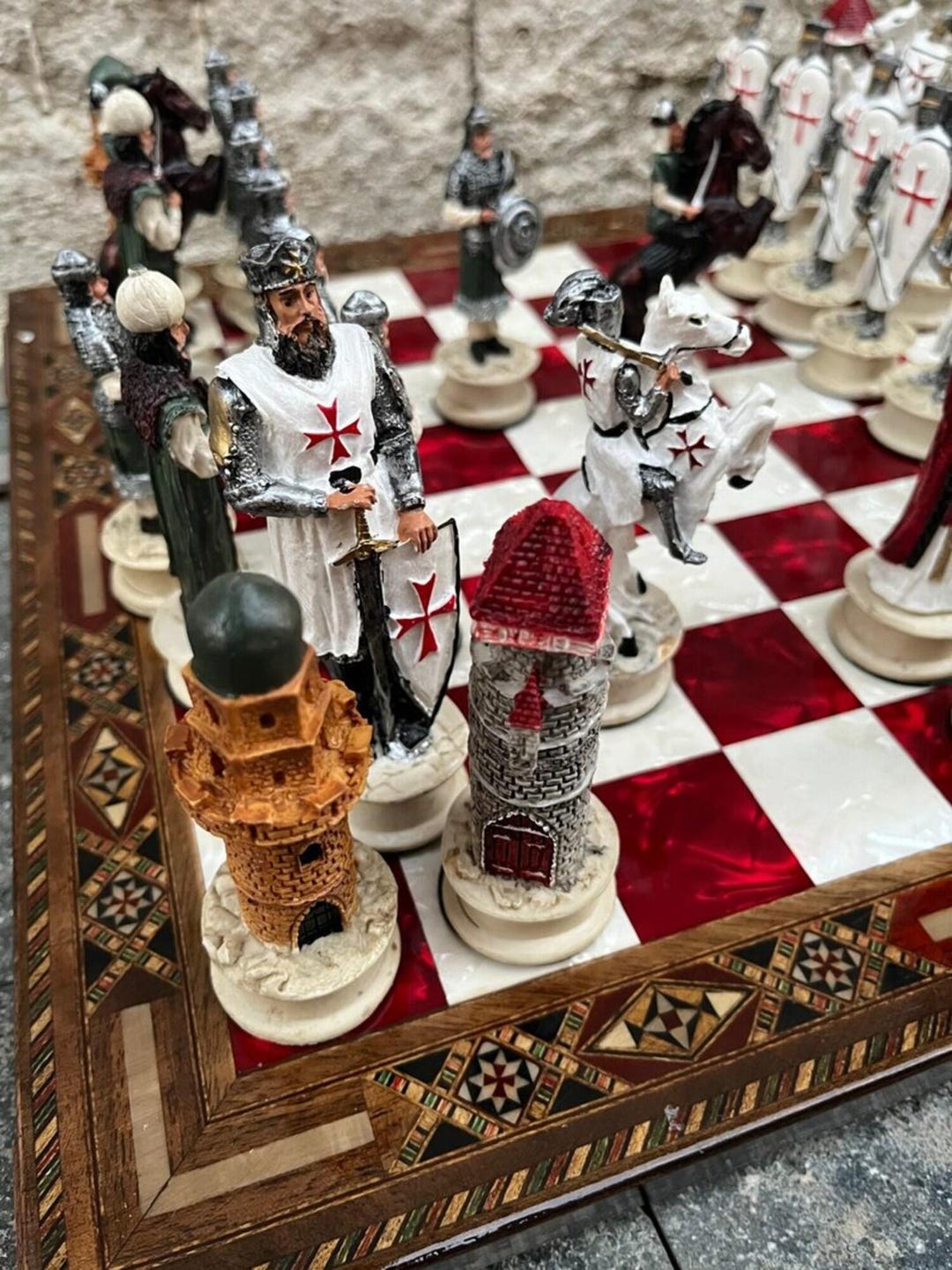X Large Crusaders Chess Set Hand Painted Wood Chess Board 16.5 ...