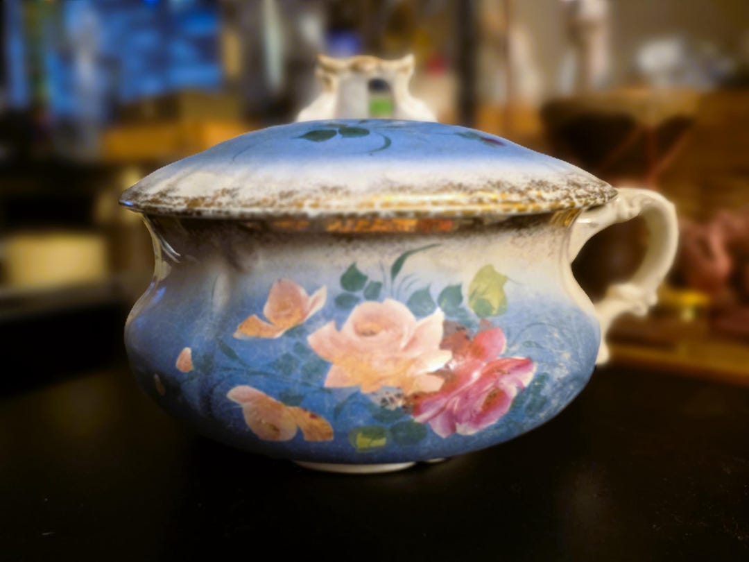 Antique Anchor Pottery Chamber Pot With Lid – Semi-granite Roses & Blue ...