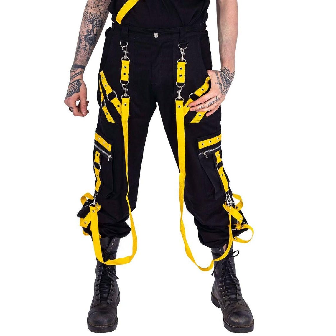 Cyber Goth Vortex Pants: Black & Yellow Rave Techwear With Straps - Etsy