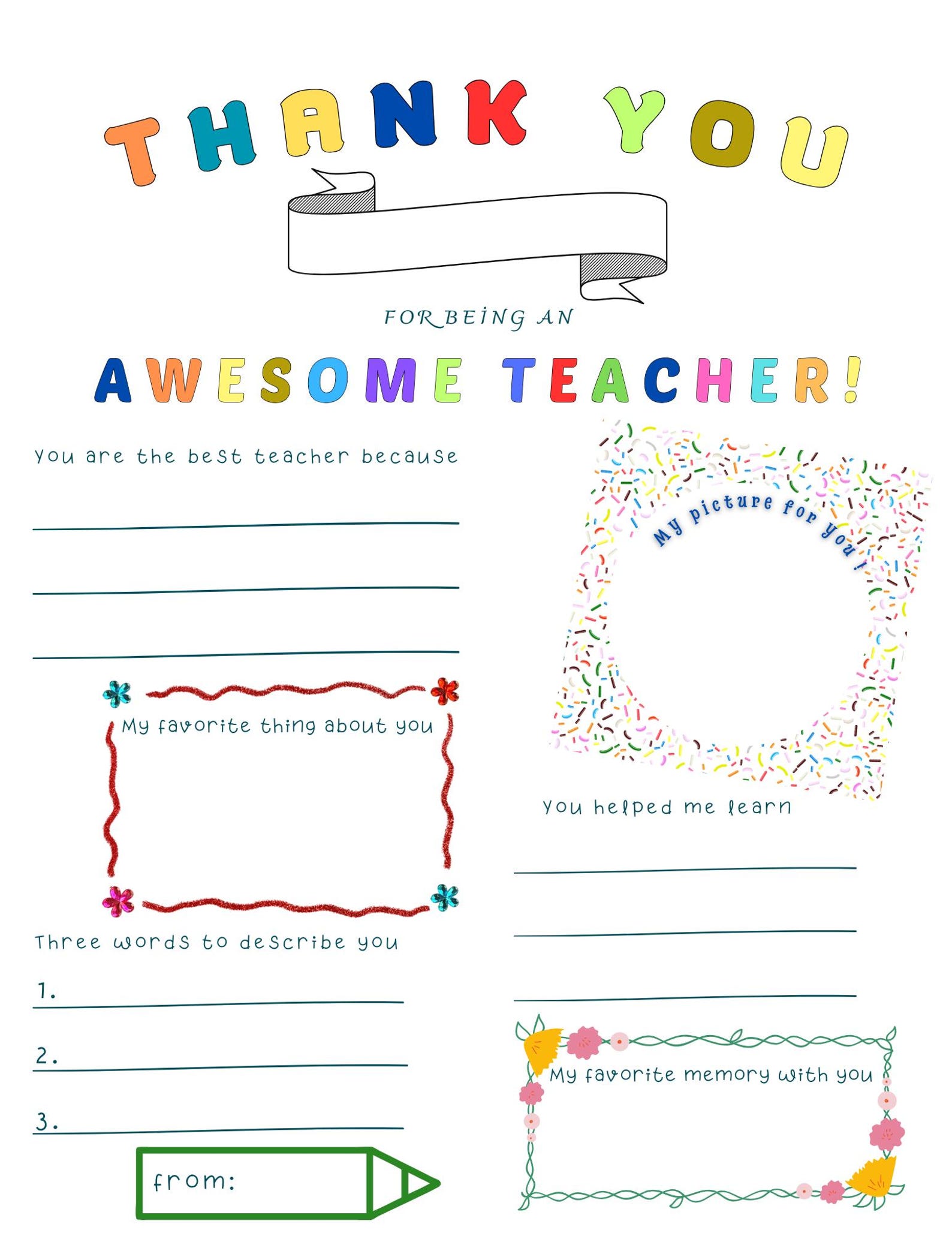 Printable Teacher Thank You Card -teacher Appreciation Week Card Gift ...