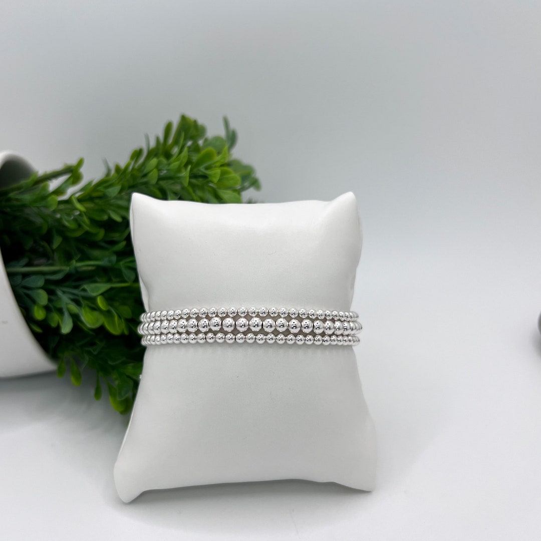 3mm Sterling Silver Bracelet Set, Silver Stretch Bead Bracelets, Silver ...