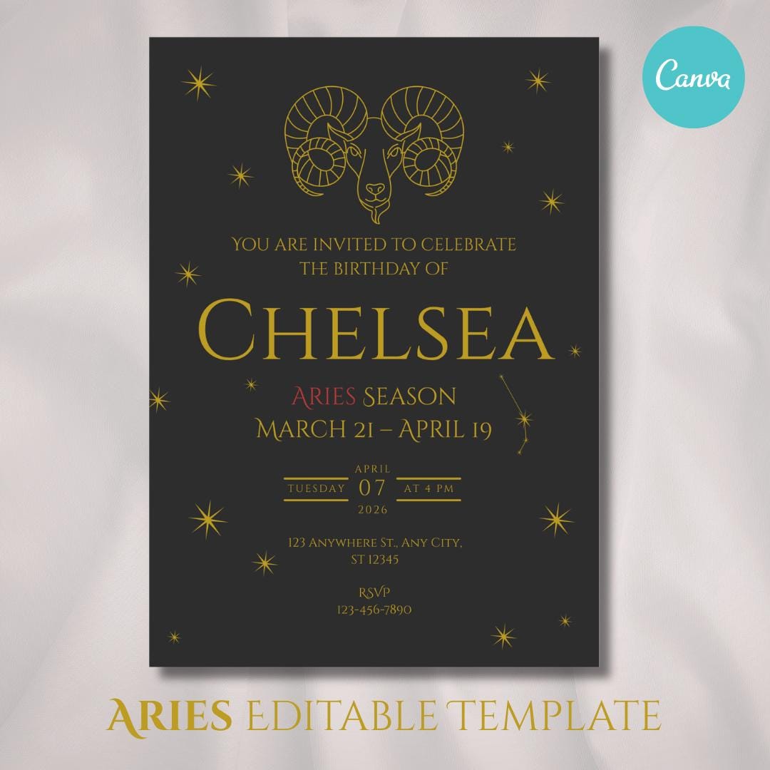 Aries Birthday Invitation Template - Zodiac Themed Party - Canva ...