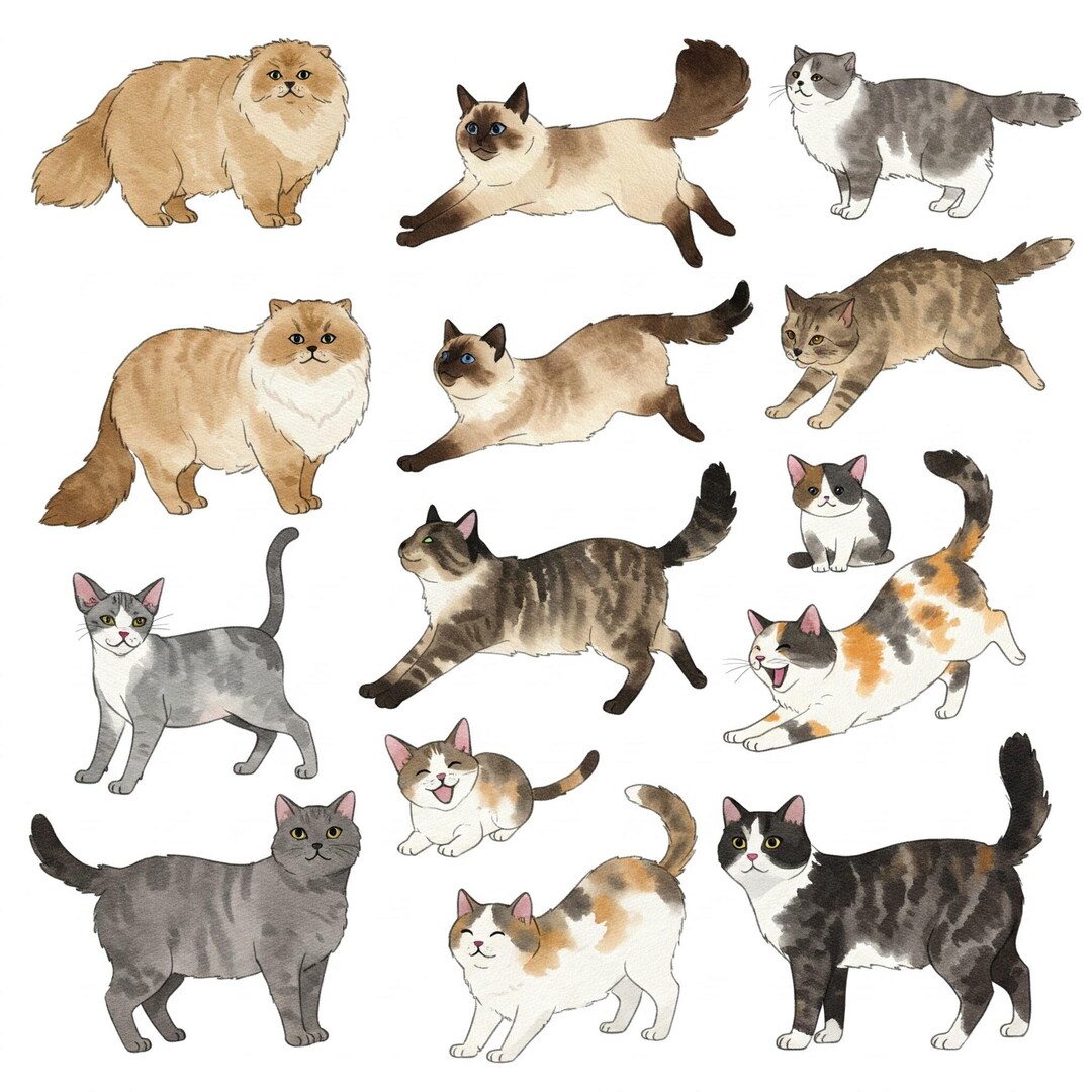 Watercolor Cat Clipart Bundle, Fluffy Kitty Pngs, Hand Drawn Pet ...