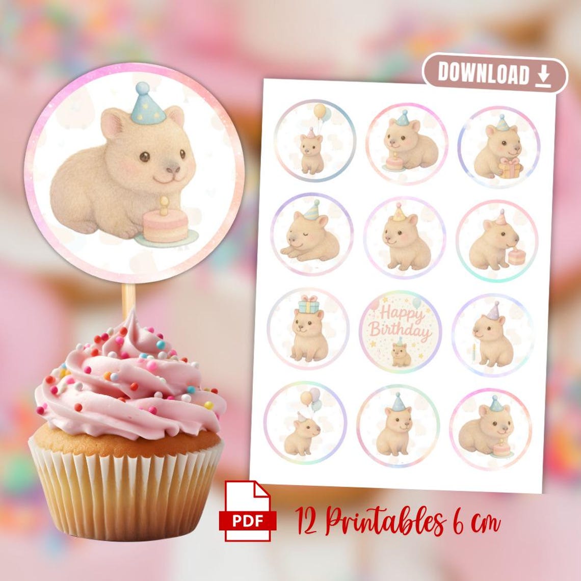 Capybara Birthday Cupcake Toppers: Pastel Party Animals - DIGITAL - Etsy