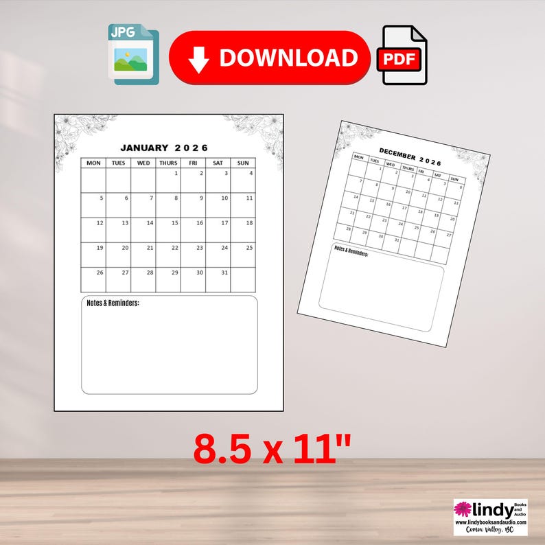 2026 PRINTABLE CALENDAR for Binders, Notebooks or Wall Hanging With ...