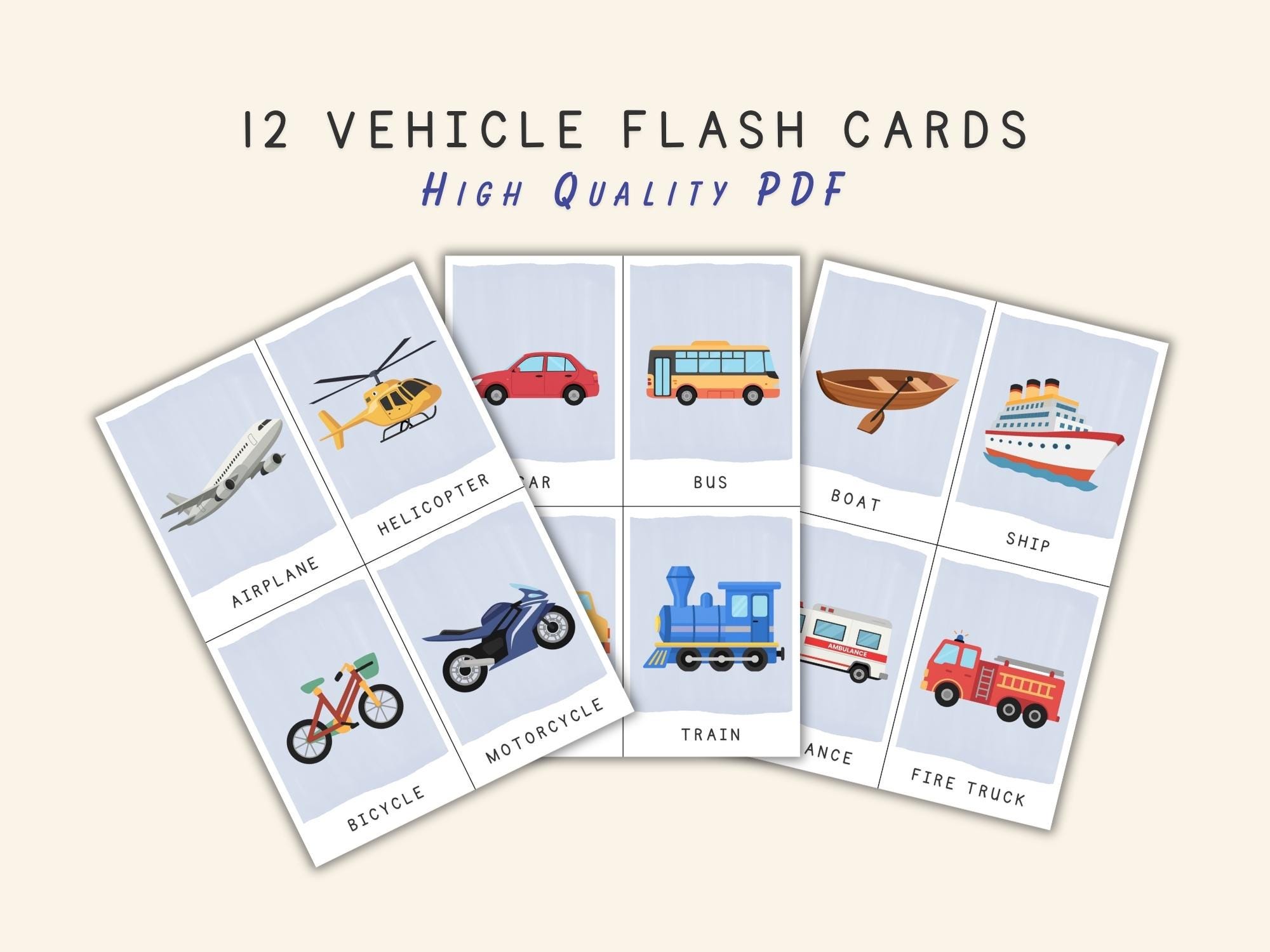 Vehicles Flash Cards for Kids | Printable Transportation Cards ...