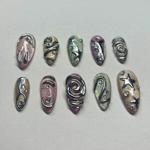 Cat Eye Silver Chrome Glitter Press on Nails: 3D Star Nail Art, Y2K ...